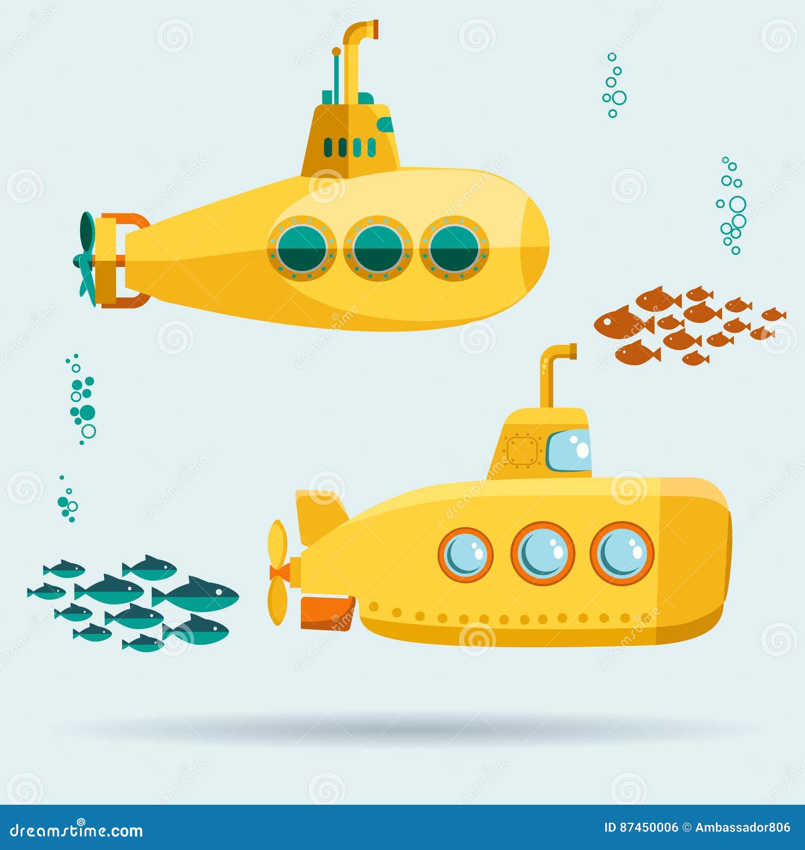 Submarine Undersea. Cute Cartoon Yellow Submarine. Bathyscaphe ...