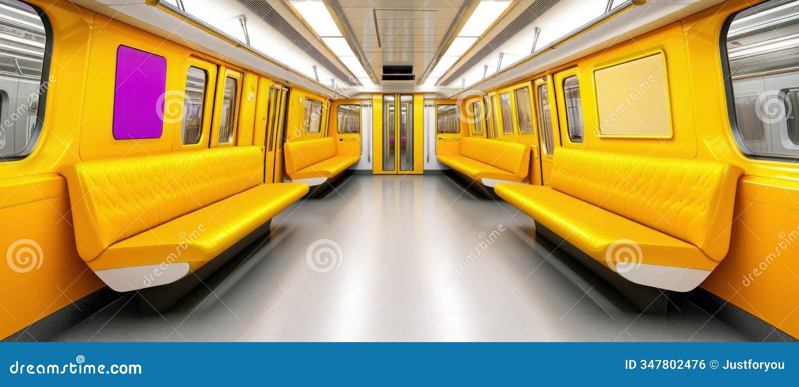 Yellow Subway Train Interior with Empty Seats and Purple Posters Stock ...