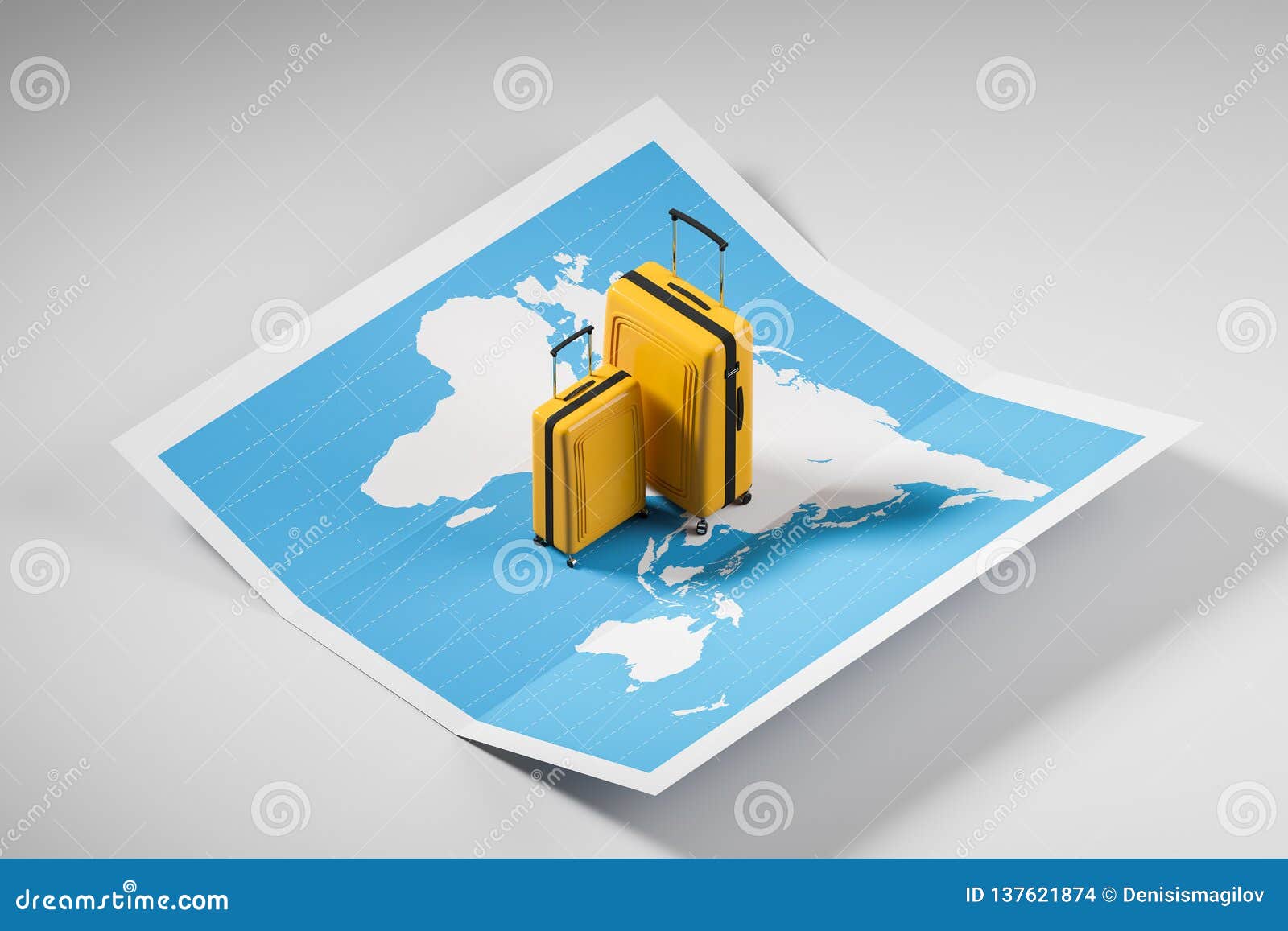 Yellow Suitcases on World Map Stock Illustration - Illustration of ...