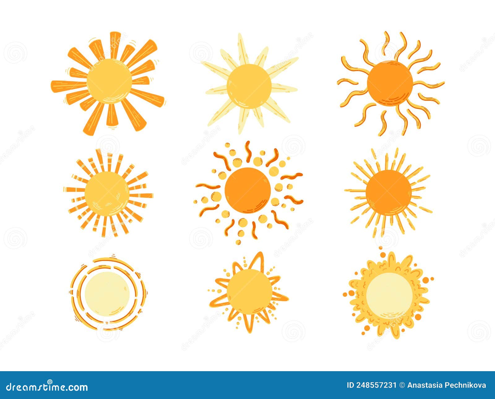 Yellow Sun Icons Vector Symbol Set. Collection of Hand Drawn Sun Stock ...