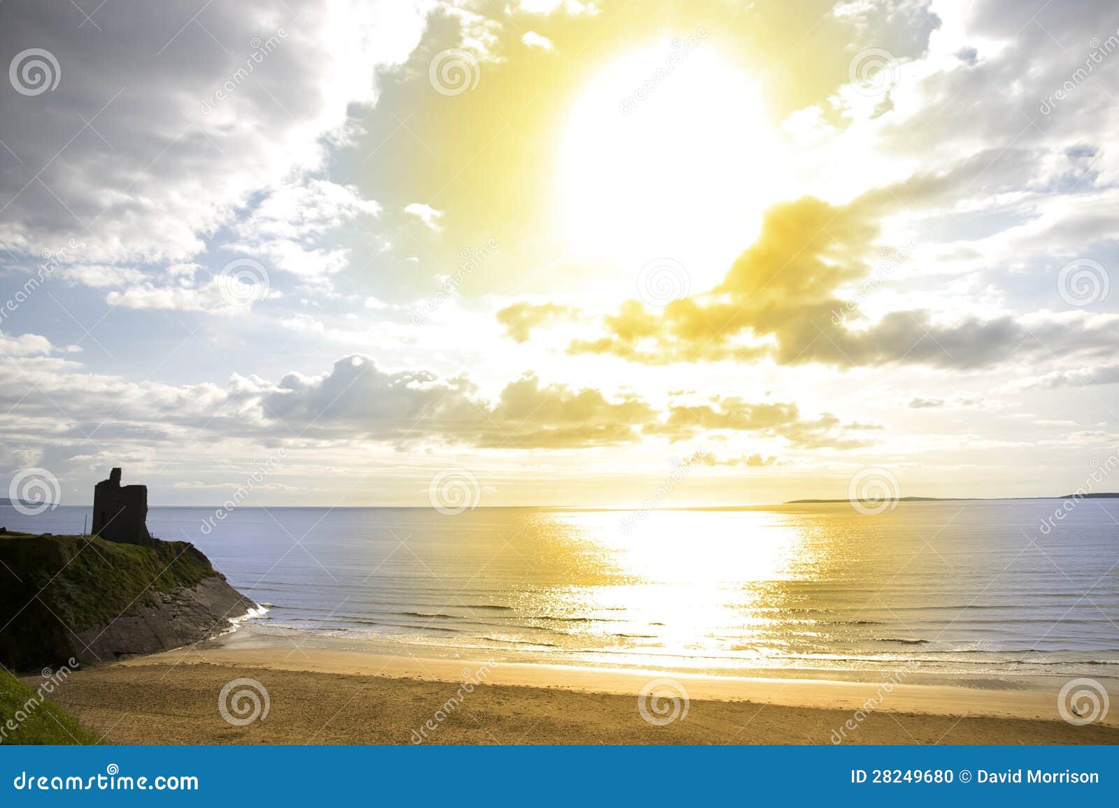 Yellow Sun Over the Ballybunion Beach and Castle Stock Photo - Image of ...