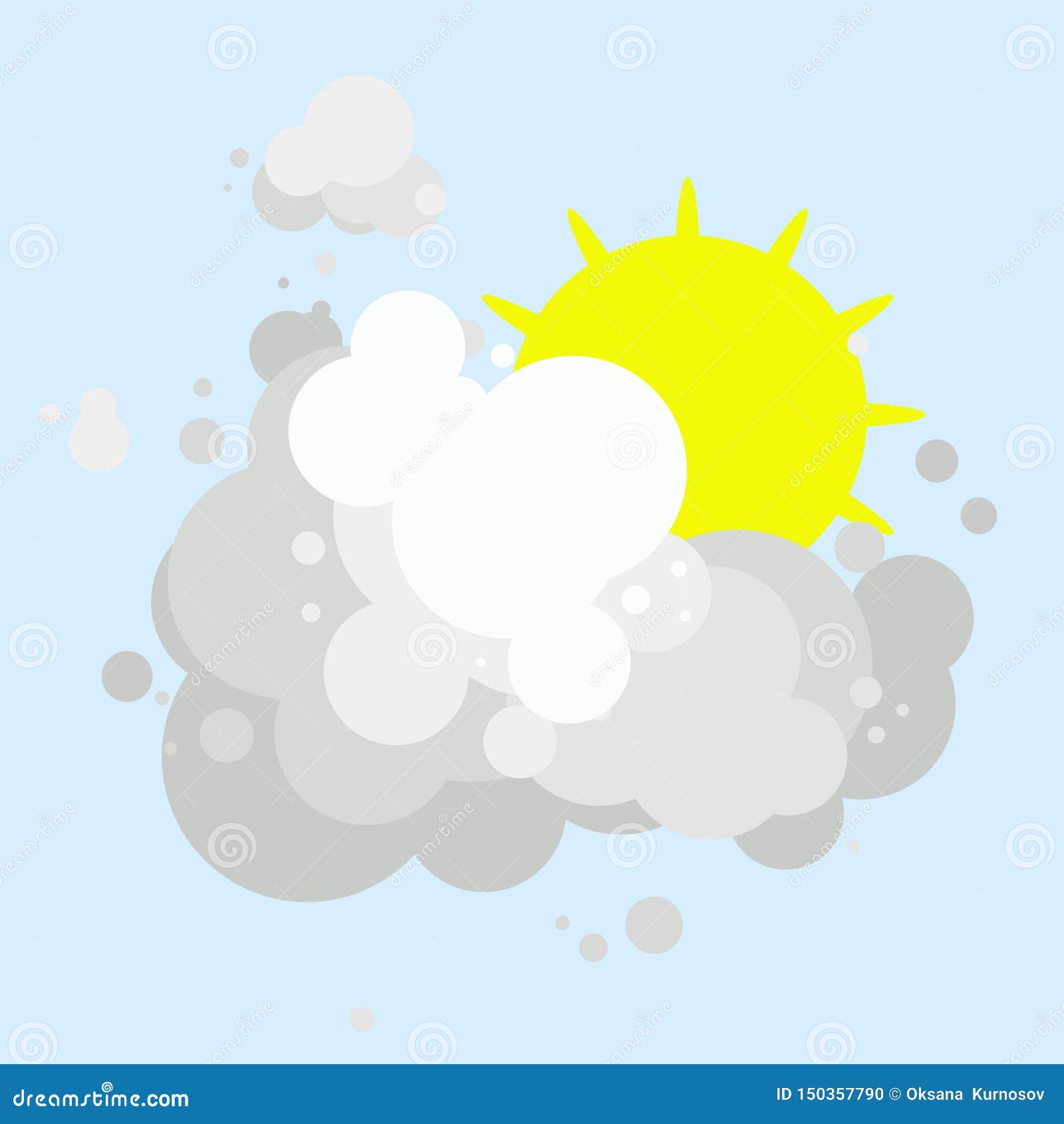 Yellow Sun with Short Rays Hidden Behind White Gray Clouds, Cloudy Day ...