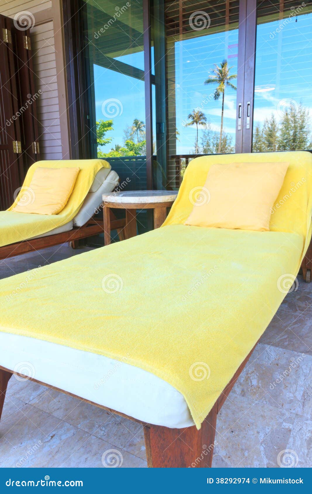 Yellow Sunbeds on the Balcony Room Stock Photo - Image of cocoanut ...