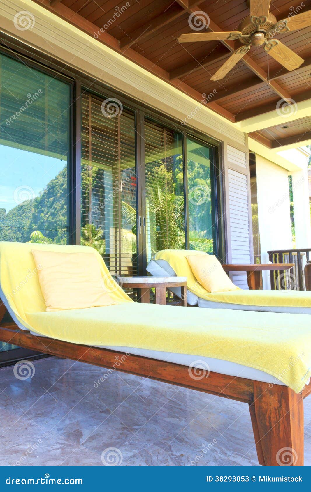 Yellow Sunbeds on the Balcony Room Stock Image - Image of green ...