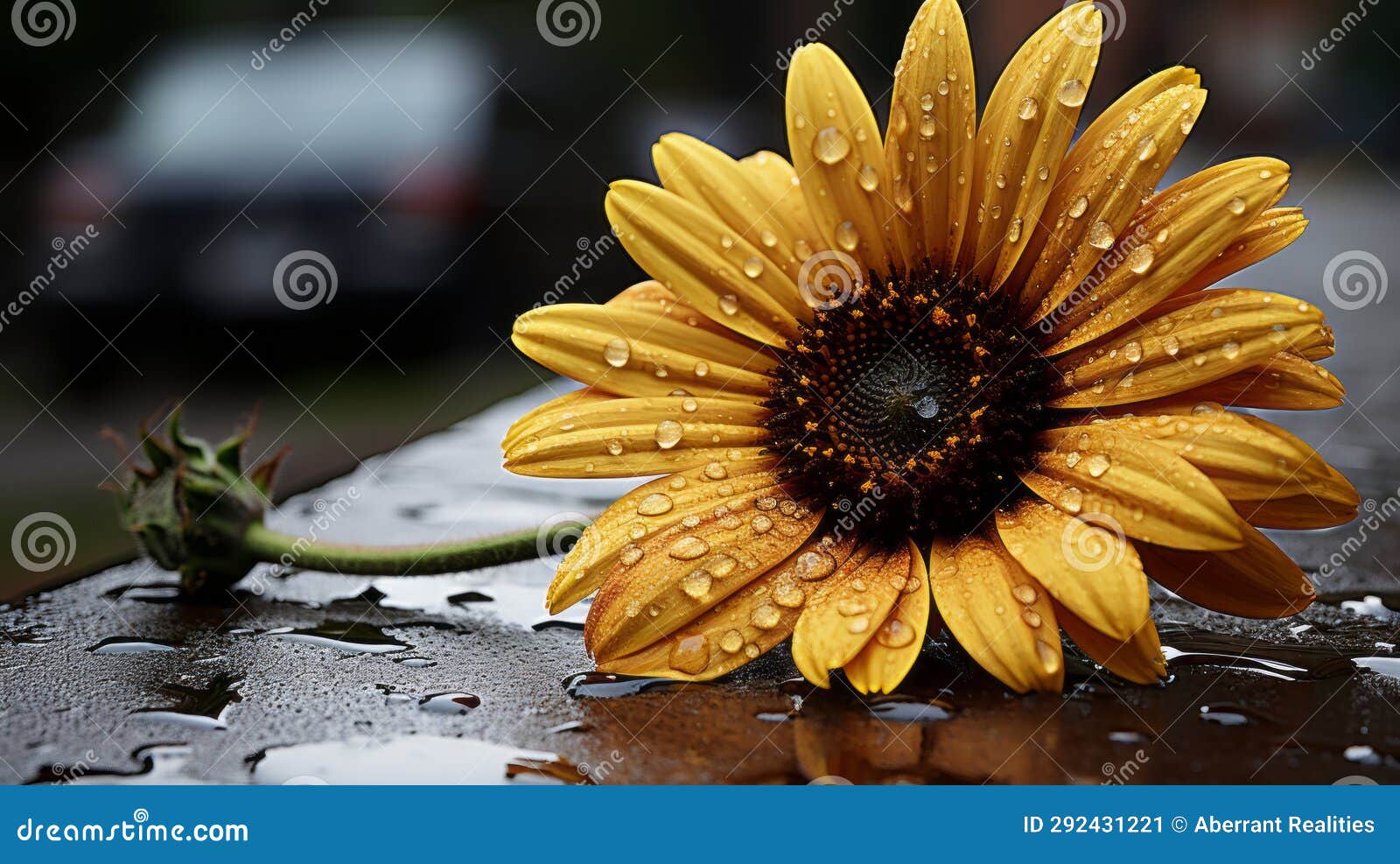 A Yellow Sunflower with Water Droplets on it Stock Illustration ...