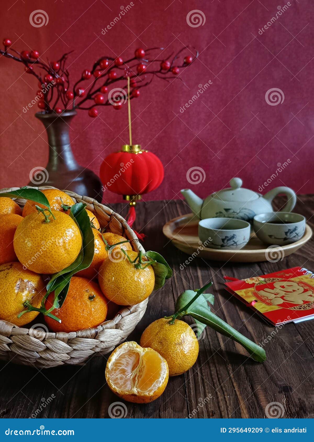 Yellow Sunkist Orange with Tea Set in Red Background Stock Image ...