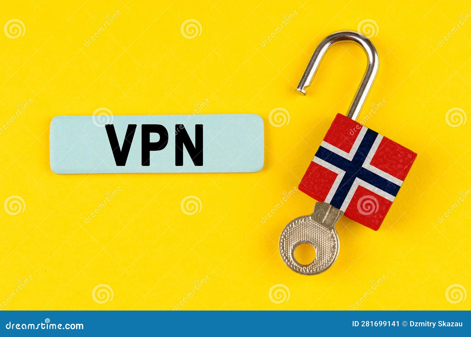 On the Yellow Surface is an Open Lock with a Key and a Sticker with the ...