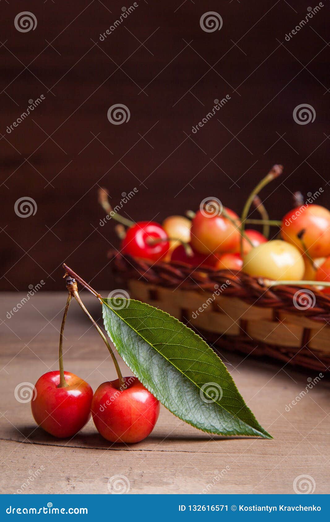Yellow Sweet Cherry In Basket On Wooden Background Stock Image Image