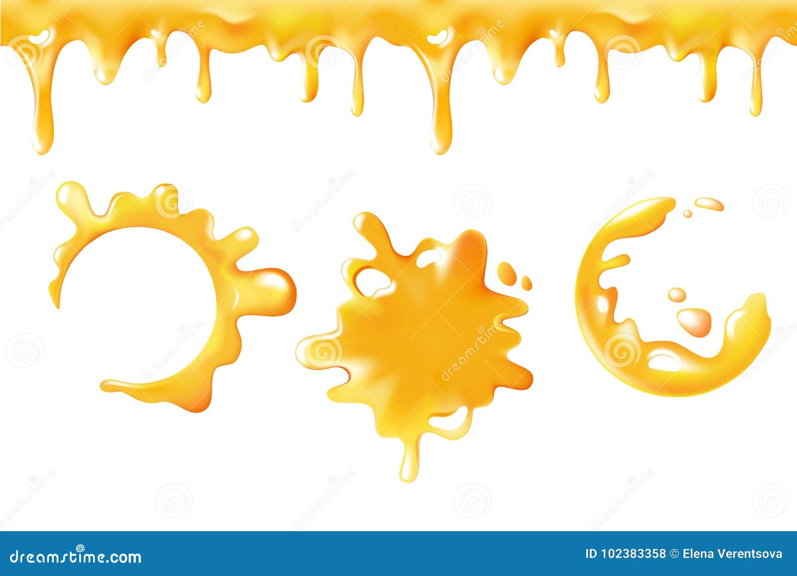 Realistic Vector Yellow Sweet Honey Blots And Splash Set Dripping