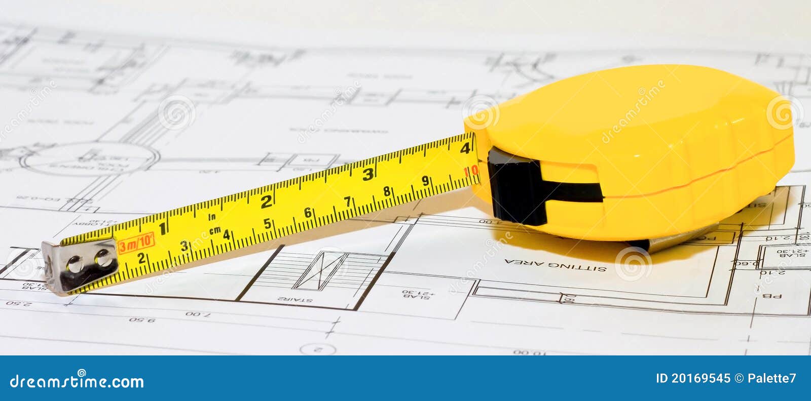 Yellow Tape Measure on Construction Drawing Stock Image - Image of ...