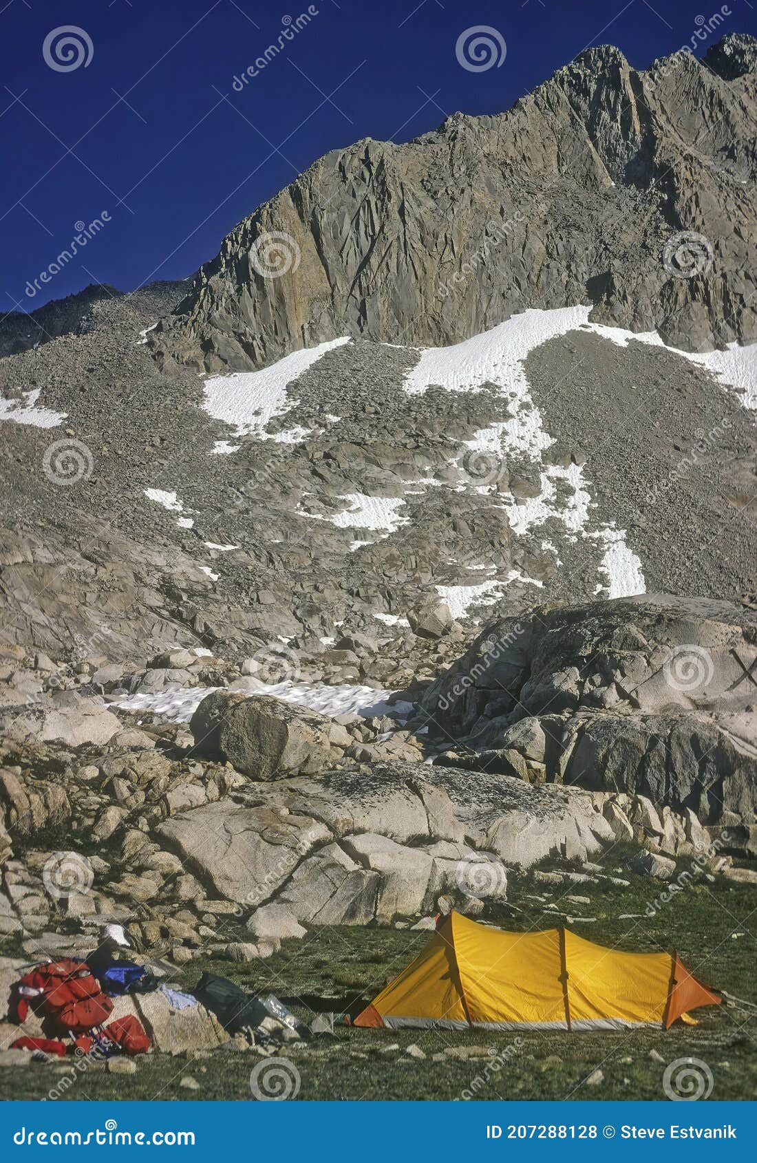 Yellow Tent in Alpine Meadow Stock Photo - Image of wilderness, sierra ...
