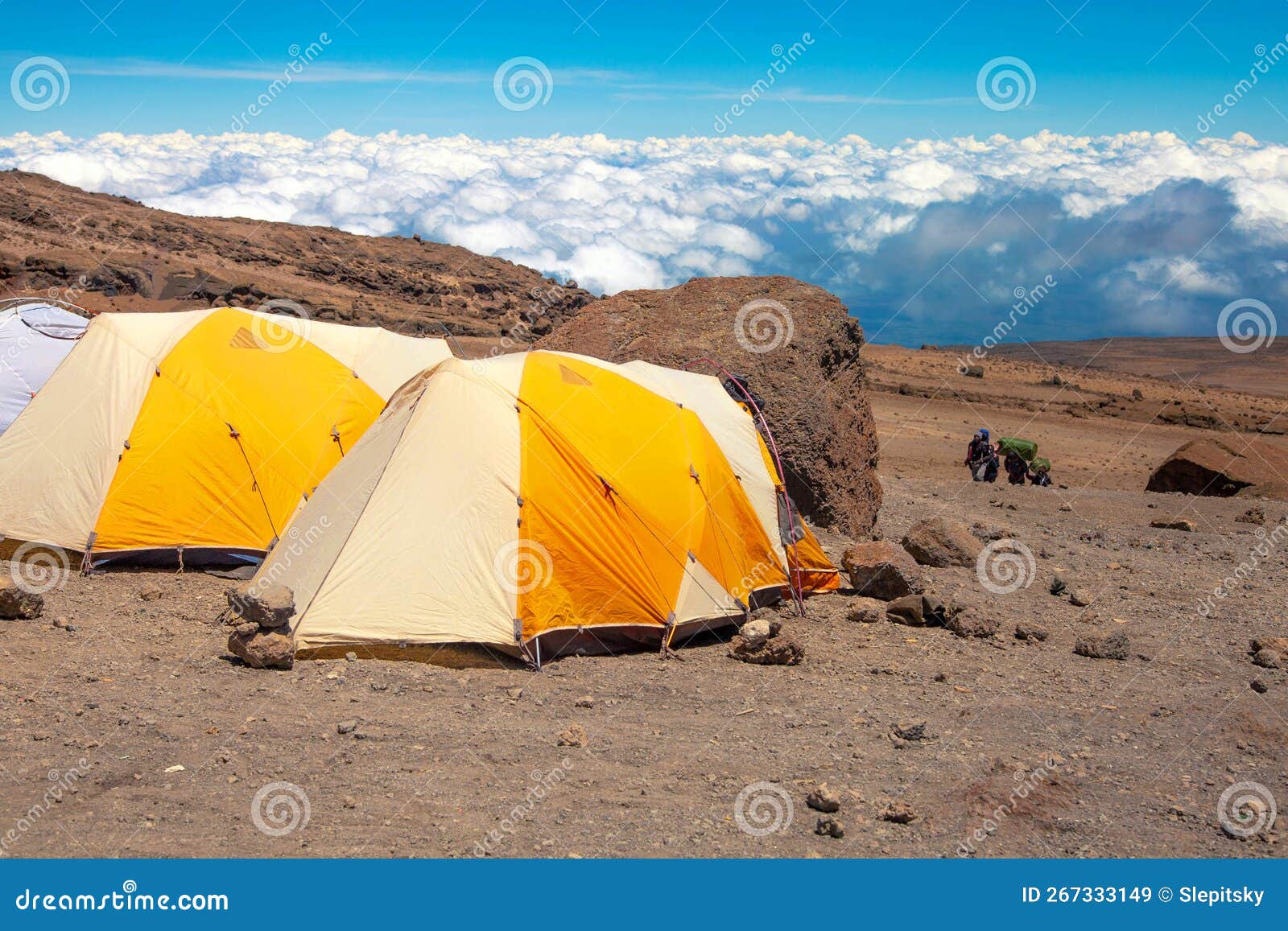 Yellow Tents in the Base Camp Above the Clouds Stock Image - Image of ...