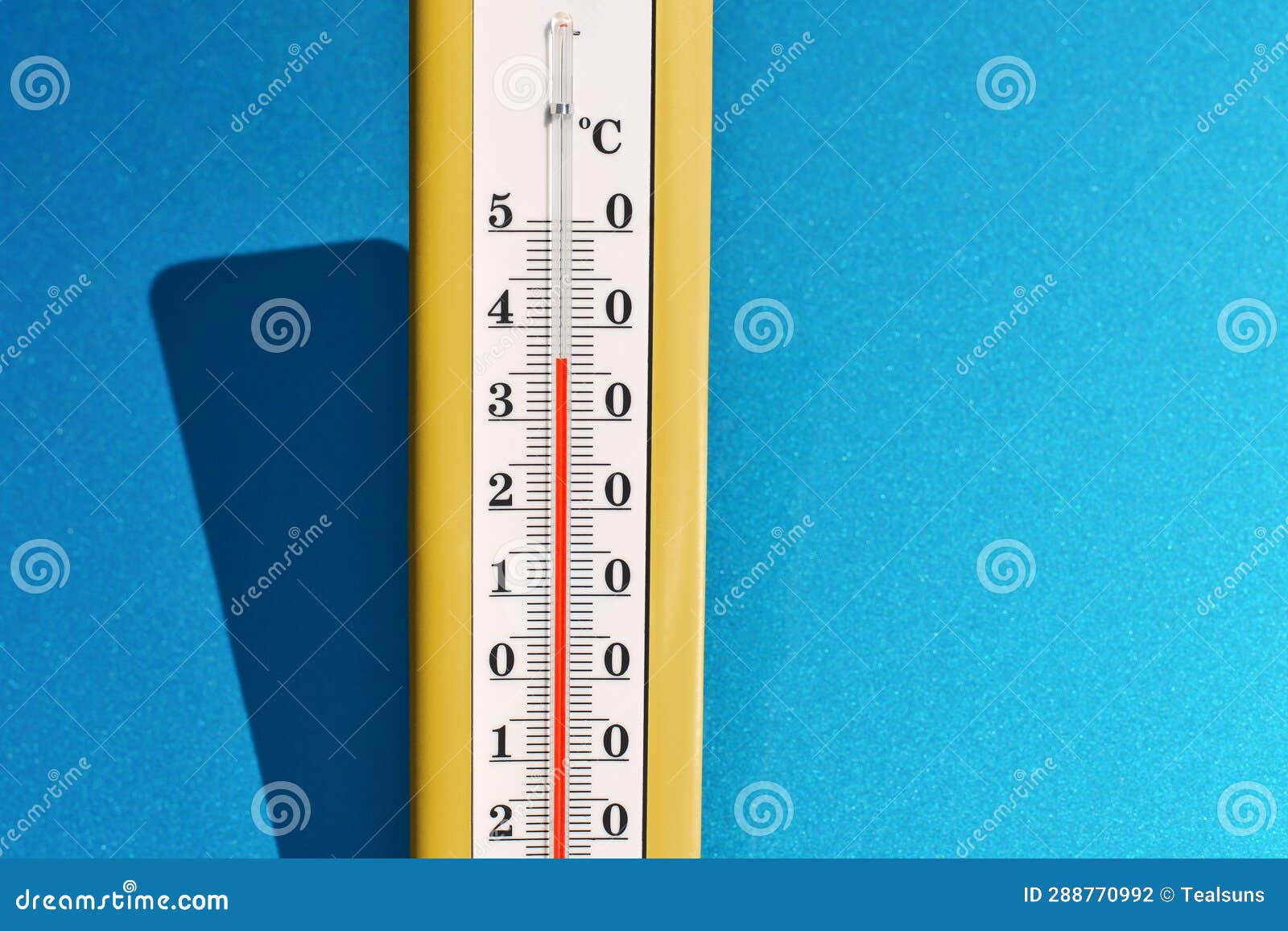A Yellow Thermometer on a Blue Background. Stock Photo - Image of warm ...