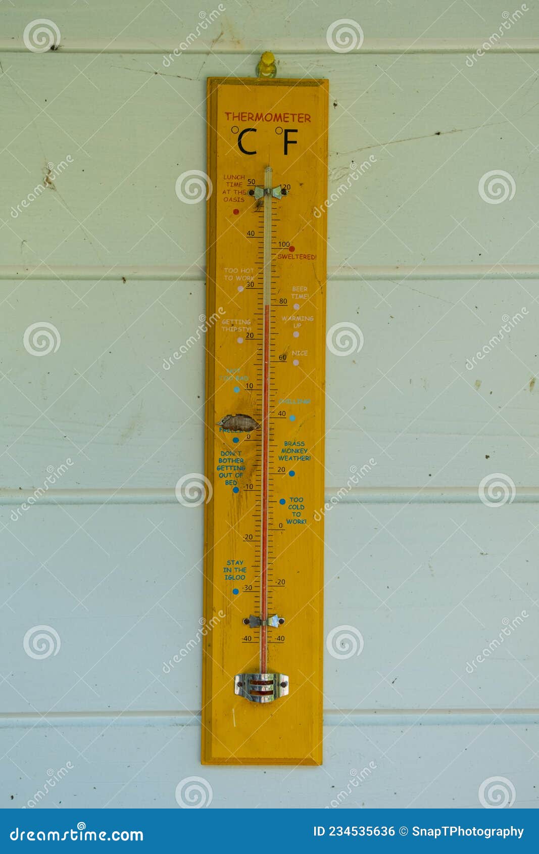 A Yellow Thermometer Fixed on To a Wooden Wall Stock Photo - Image of ...