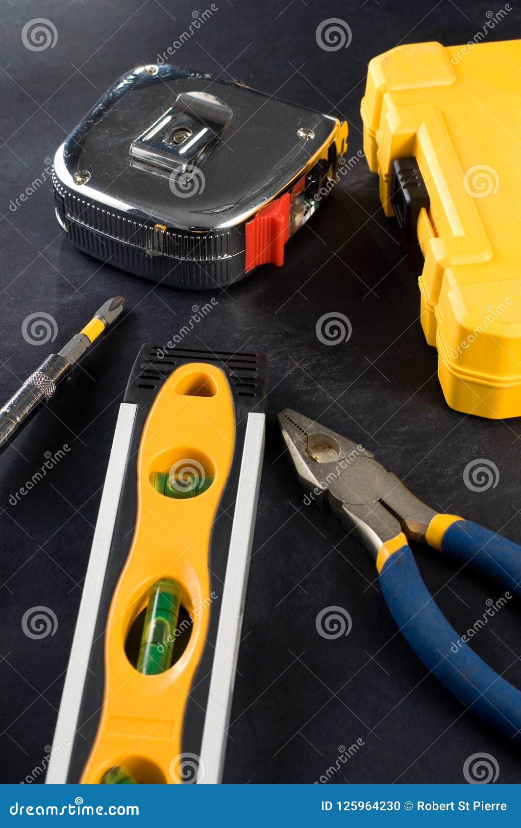Yellow Tool Box and Tools on Dark Background Stock Photo - Image of ...