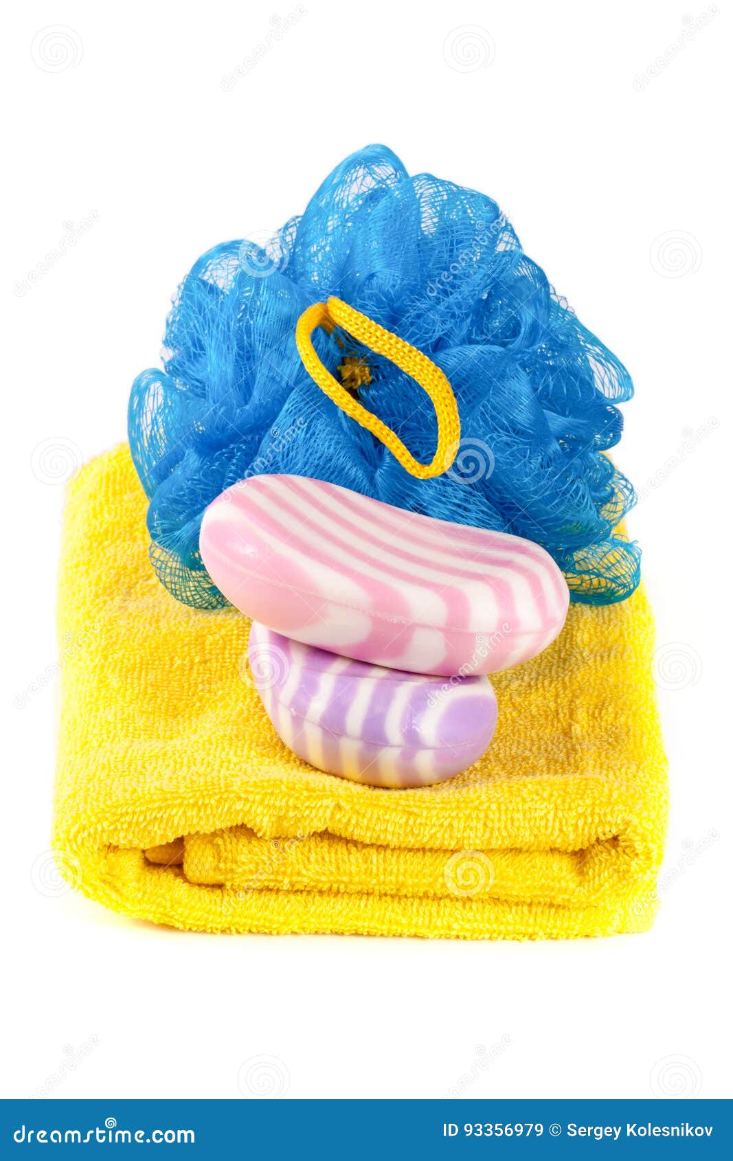 Yellow Towel with Blue Bath Sponge and Soap Isolated on White ...