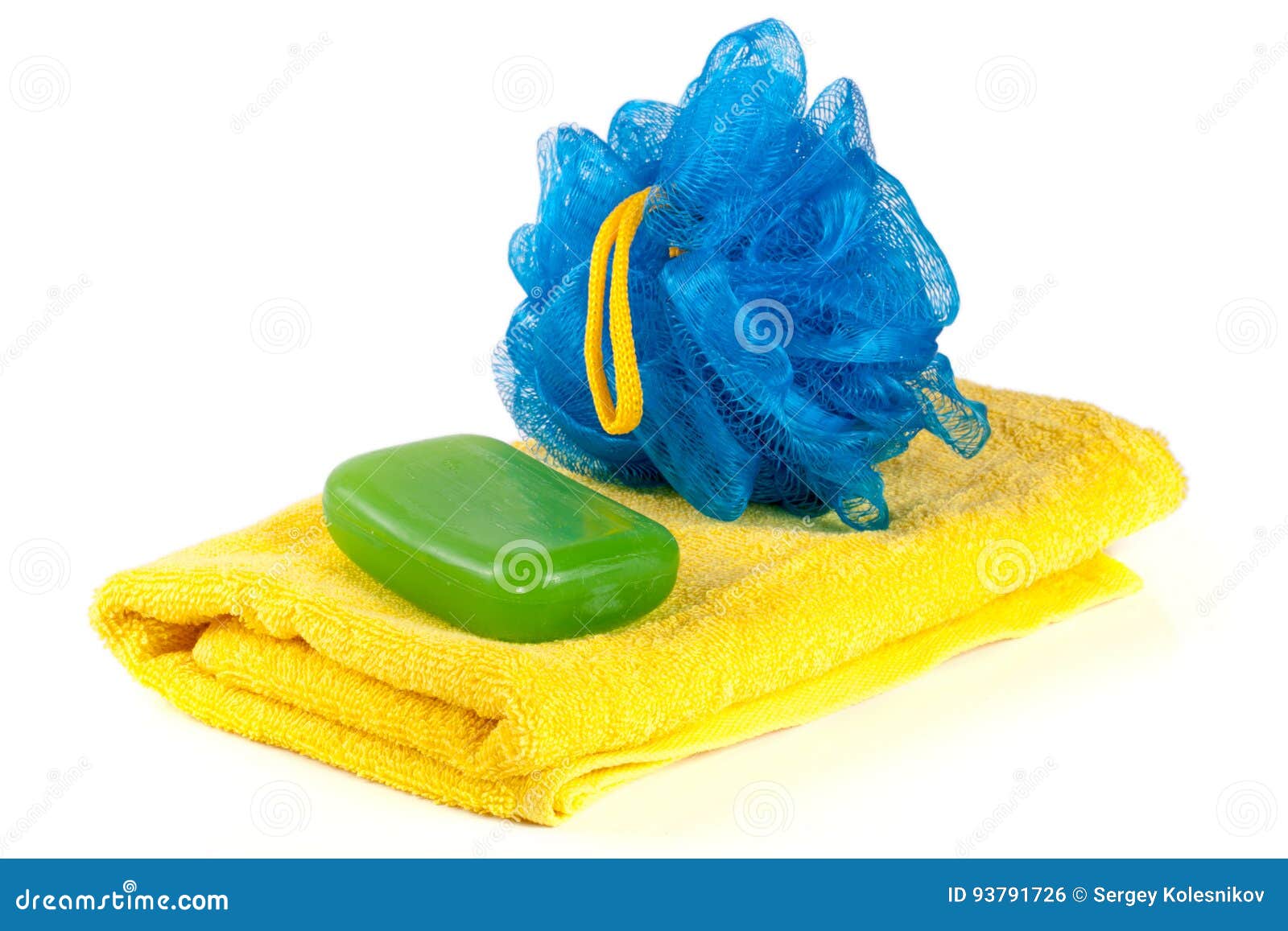 Yellow Towel with Blue Bath Sponge and Soap Isolated on White ...
