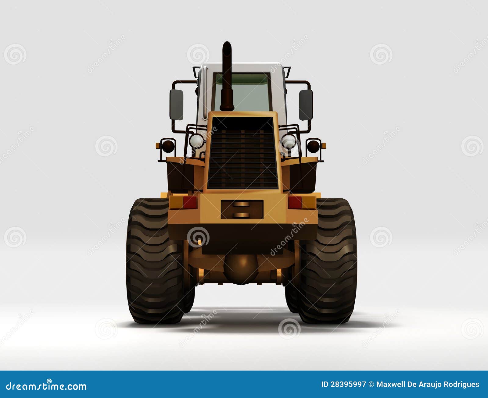 Yellow Tractor Plowing Field And Water Tower As Farm Machinery And ...