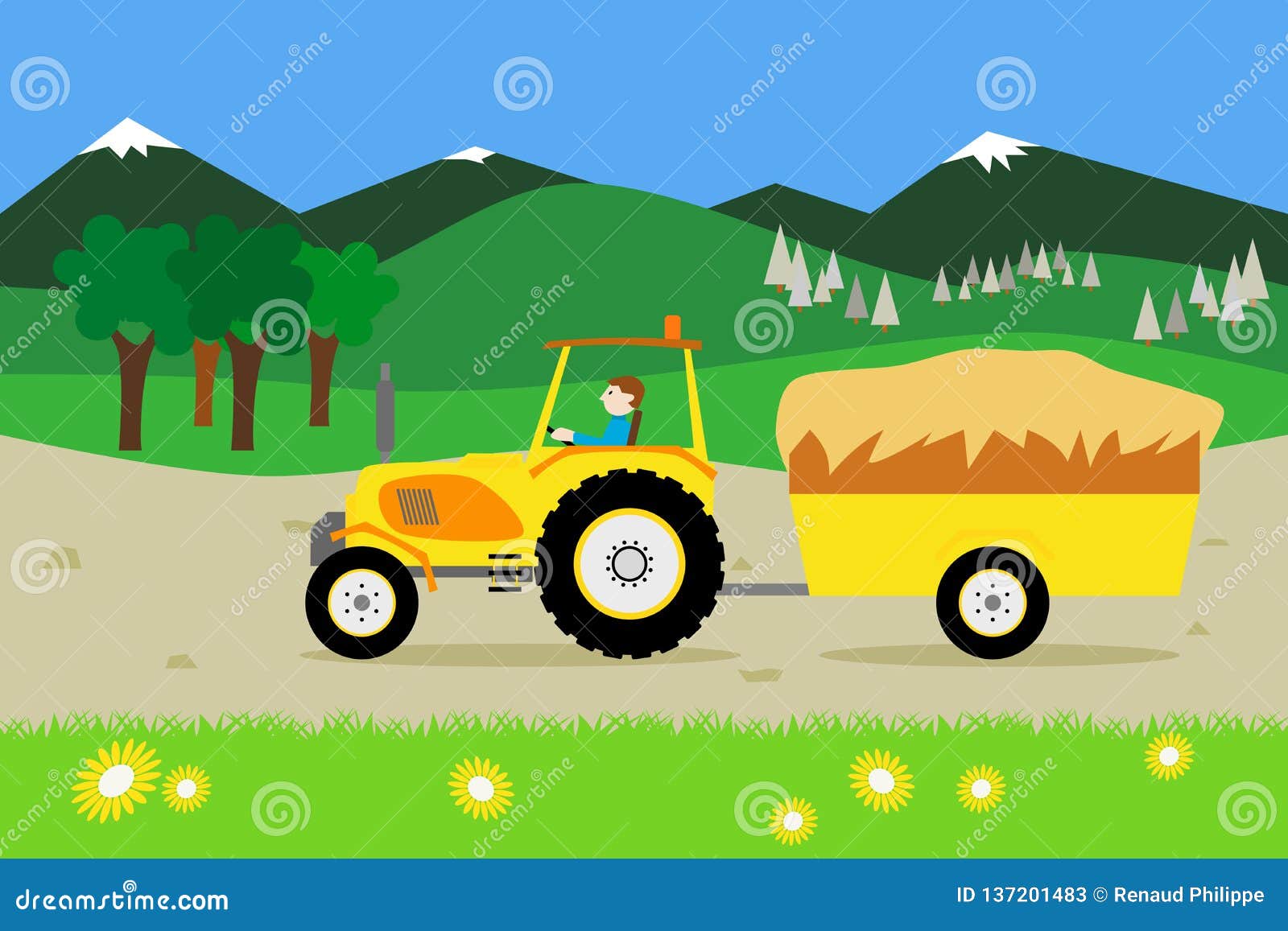 Yellow Tractor with a Hay Trailer Stock Vector - Illustration of field ...
