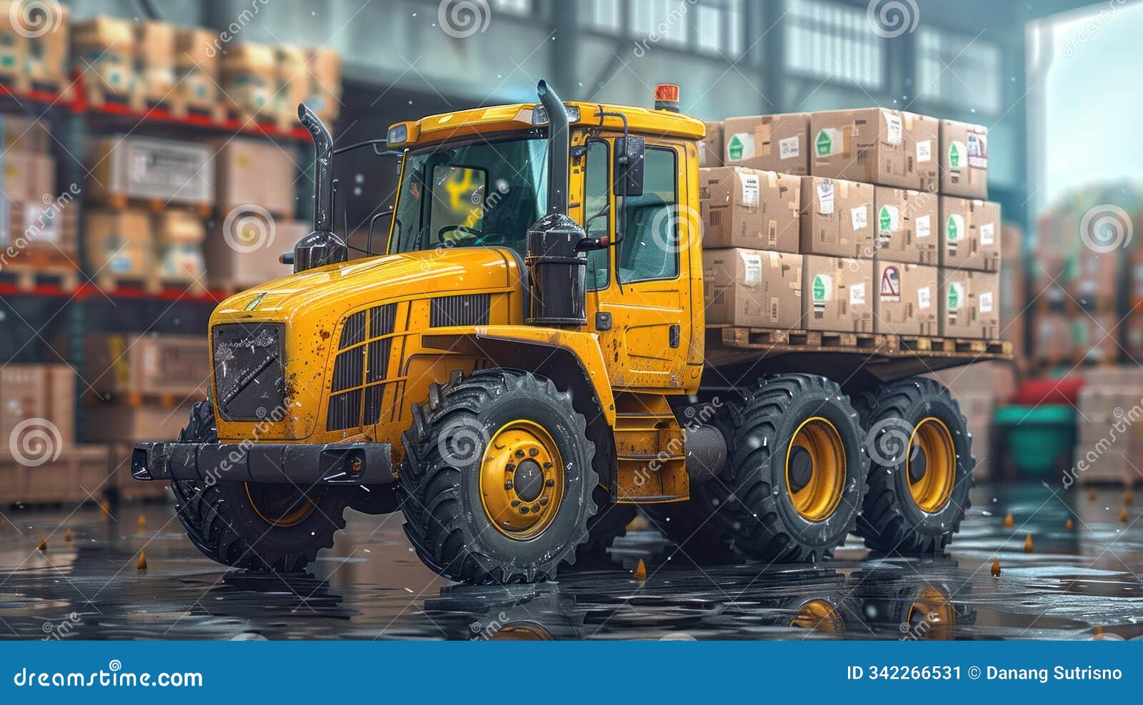 A Yellow Tractor with a Load of Boxes is Driving through a Warehouse in ...