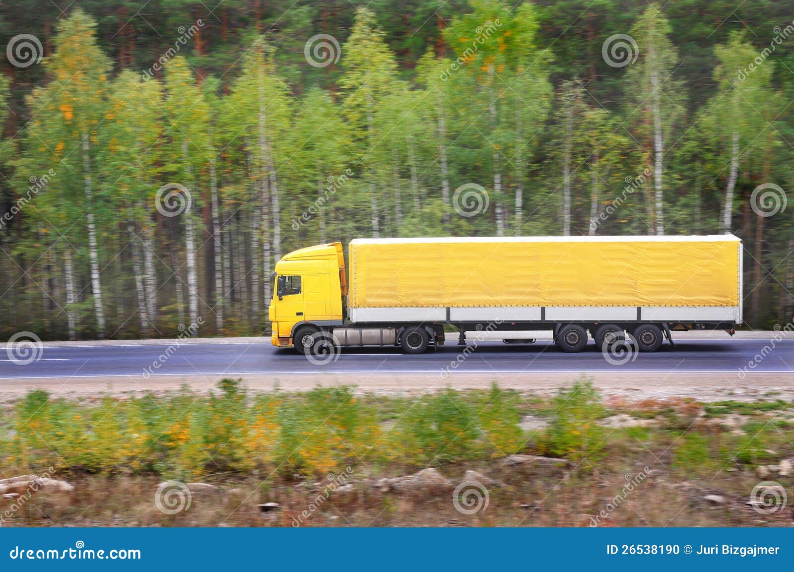 Yellow Trailer Goes on Highway Stock Photo - Image of trailer, nature ...