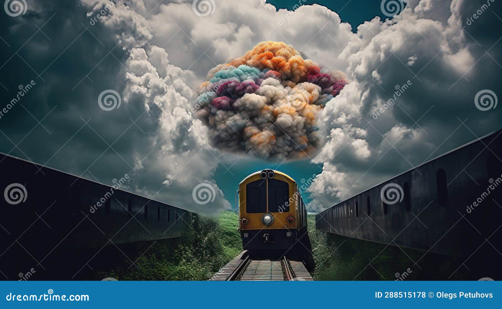A Yellow Train Traveling Down Train Tracks Under a Cloudy Sky with a ...