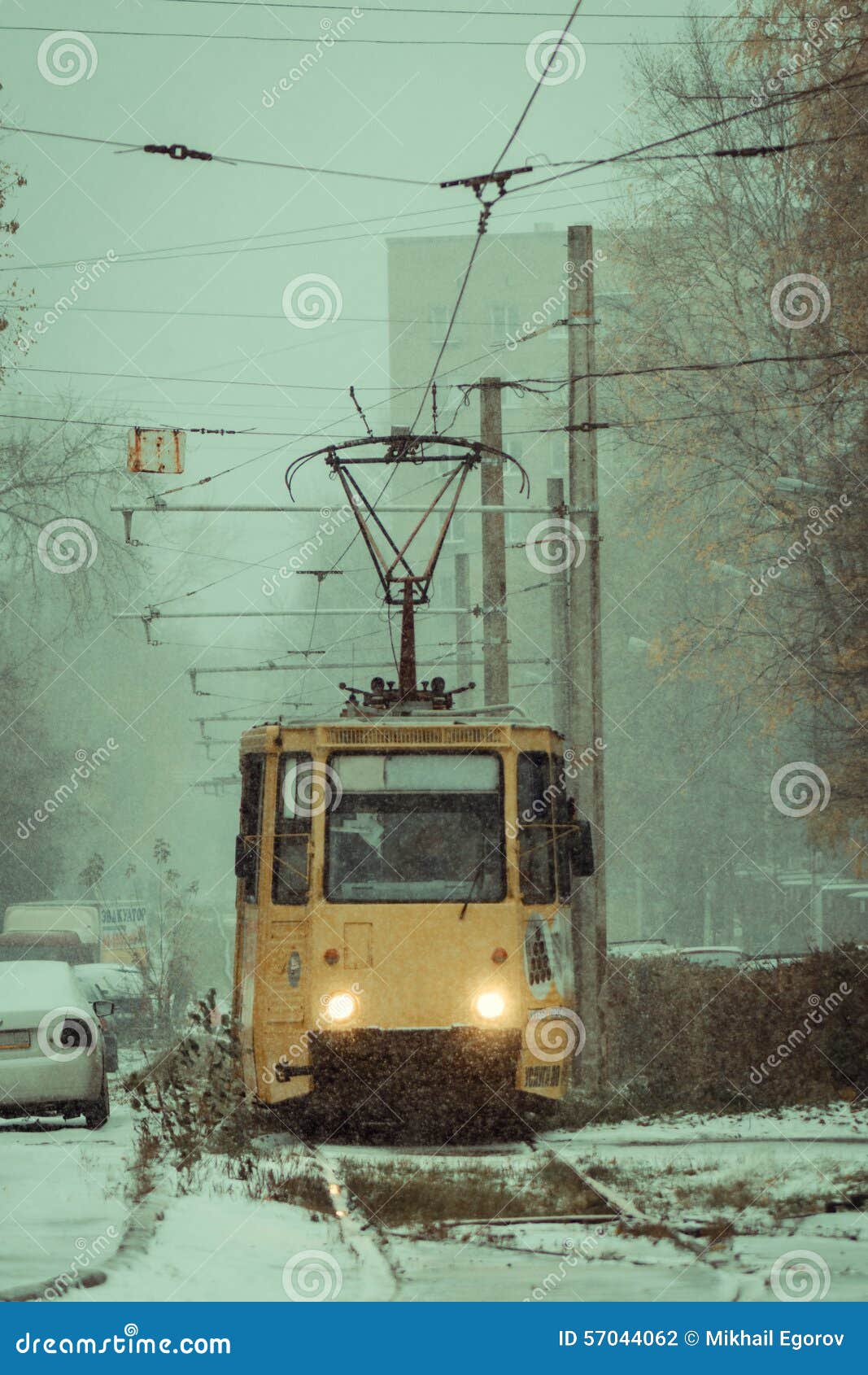 Yellow tram. Front side stock photo. Image of street - 57044062