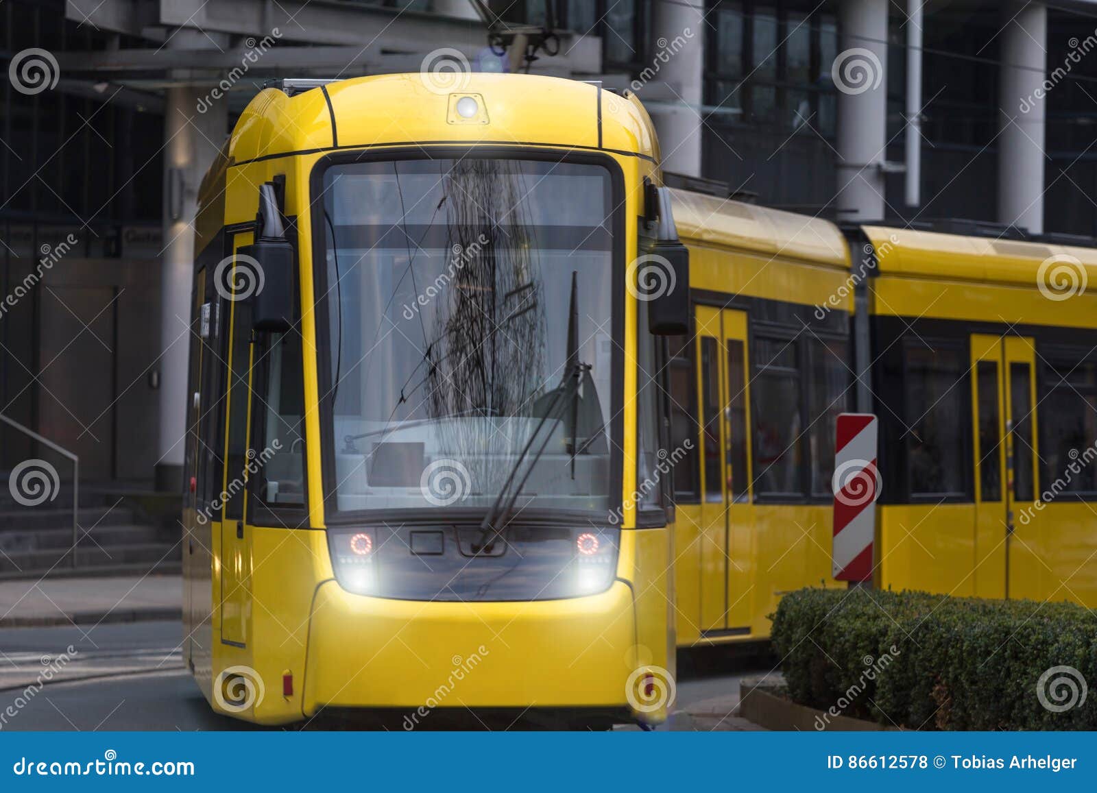 Yellow tram with lights on stock photo. Image of germany - 86612578