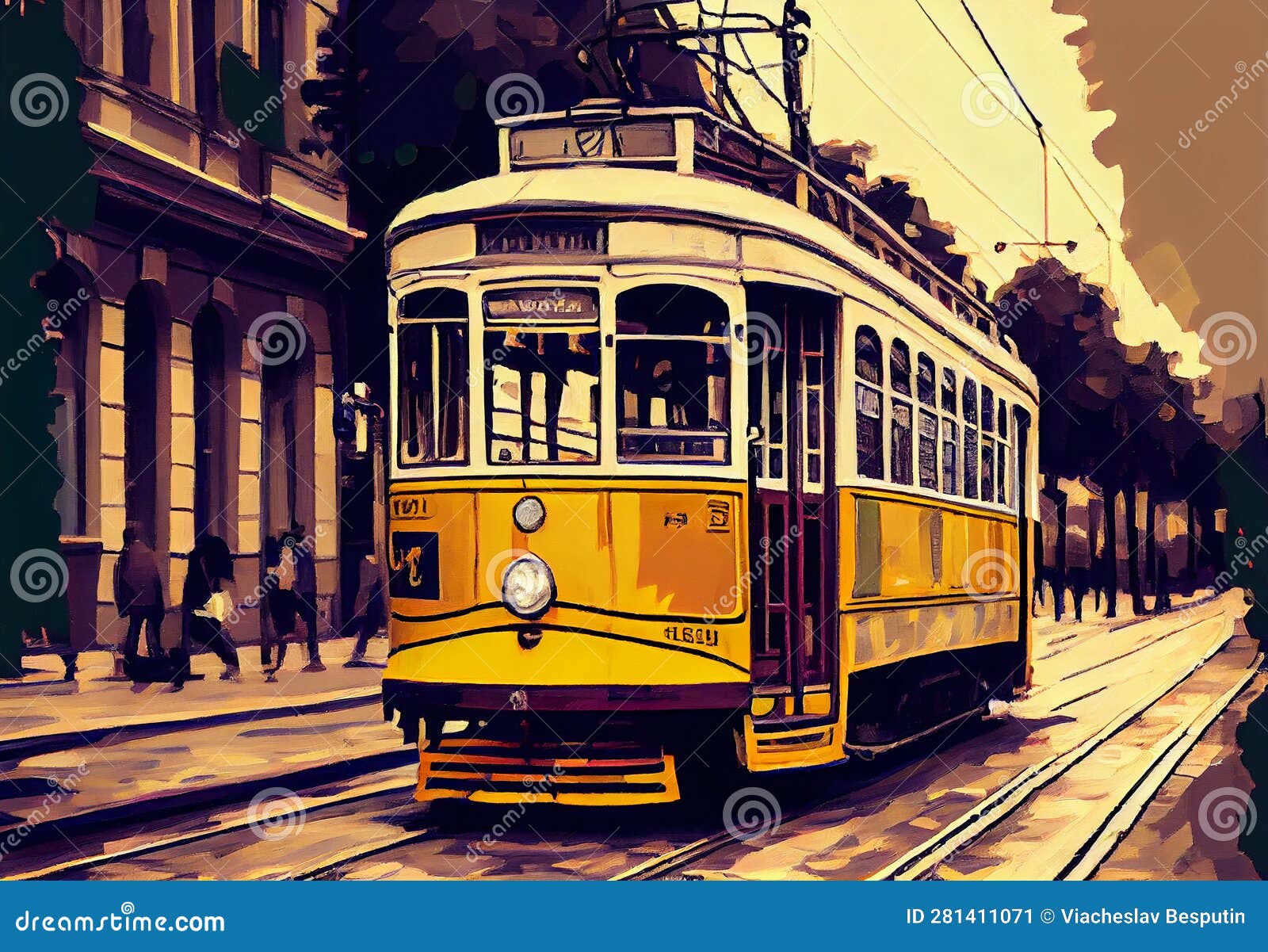Yellow Tram on the Street Watercolor. Stock Illustration - Illustration ...
