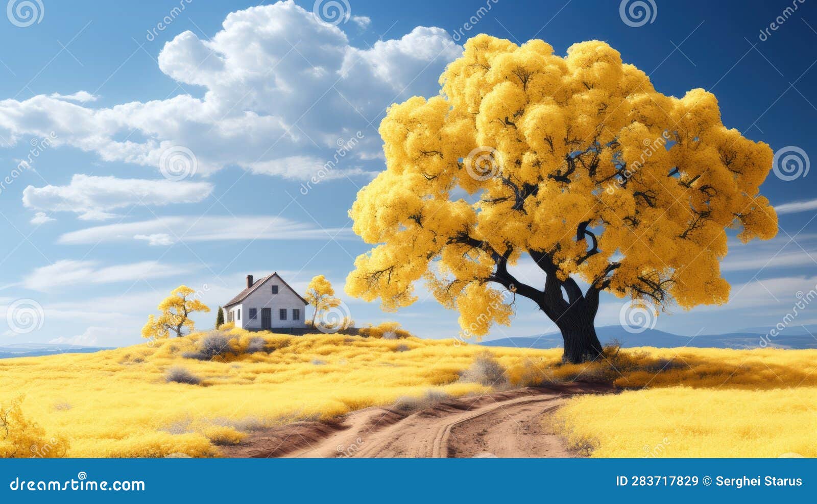 A Yellow Tree in a Field with a House in the Background. Generative AI ...