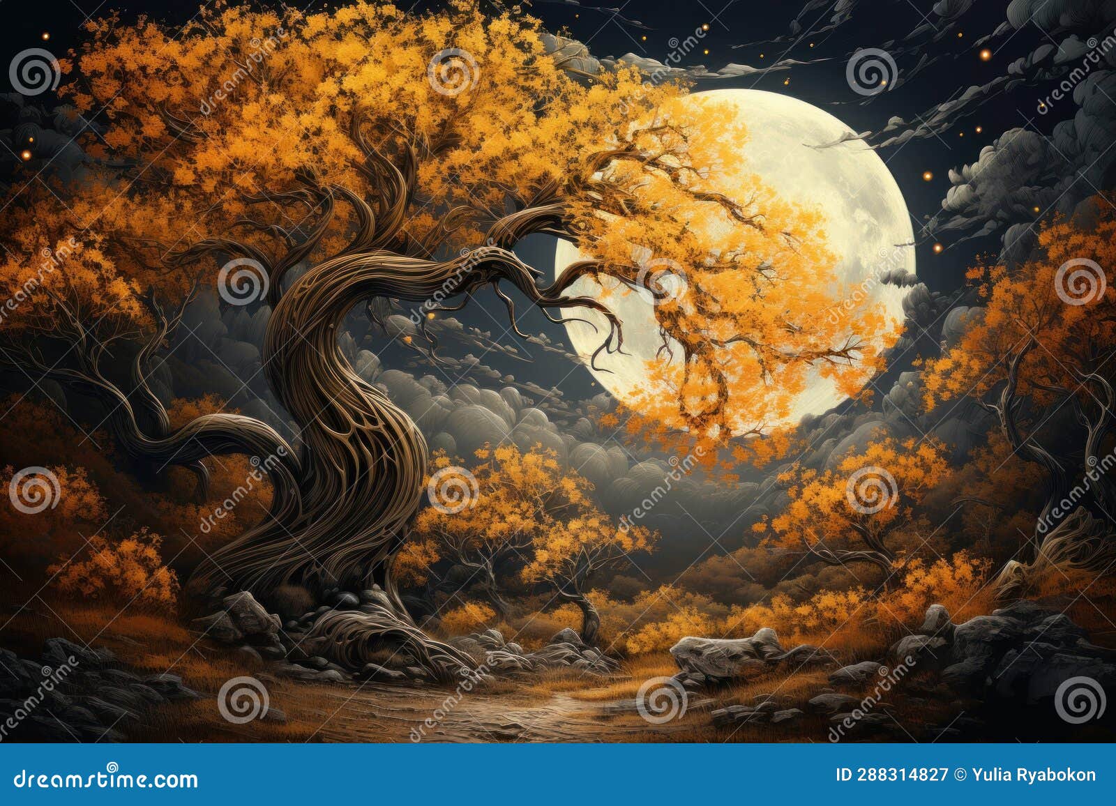 Yellow Tree Moon Behind Dark. Generate AI Stock Image - Image of ...