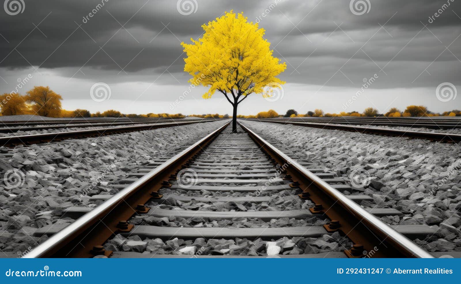 A Yellow Tree Stands Alone on a Train Track Stock Illustration ...