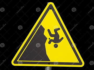 Yellow Triangular Sign with a Man Falling from a Cliff on a Black ...