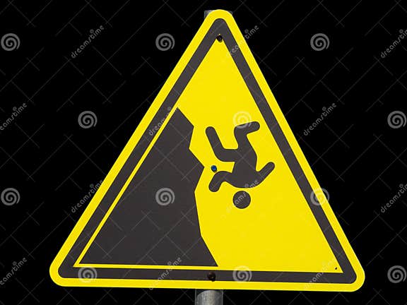 Yellow Triangular Sign with a Man Falling from a Cliff on a Black ...