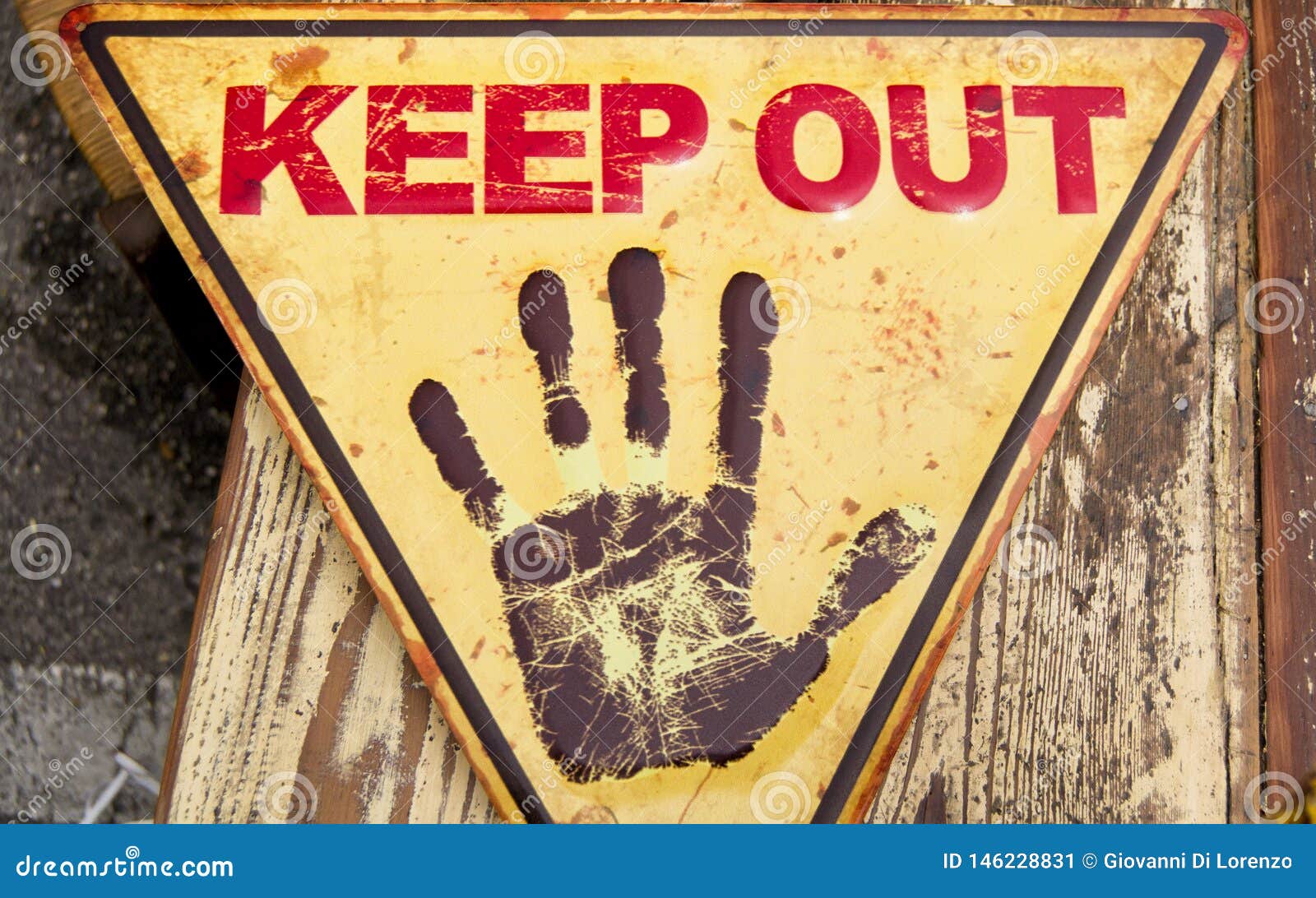 Yellow Triangular Sign Wih Keep Out in Red and an Open Black Hand in ...