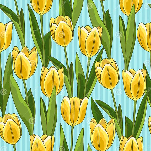 Yellow Tulip Seamless Pattern, Blue Background Stock Vector ...