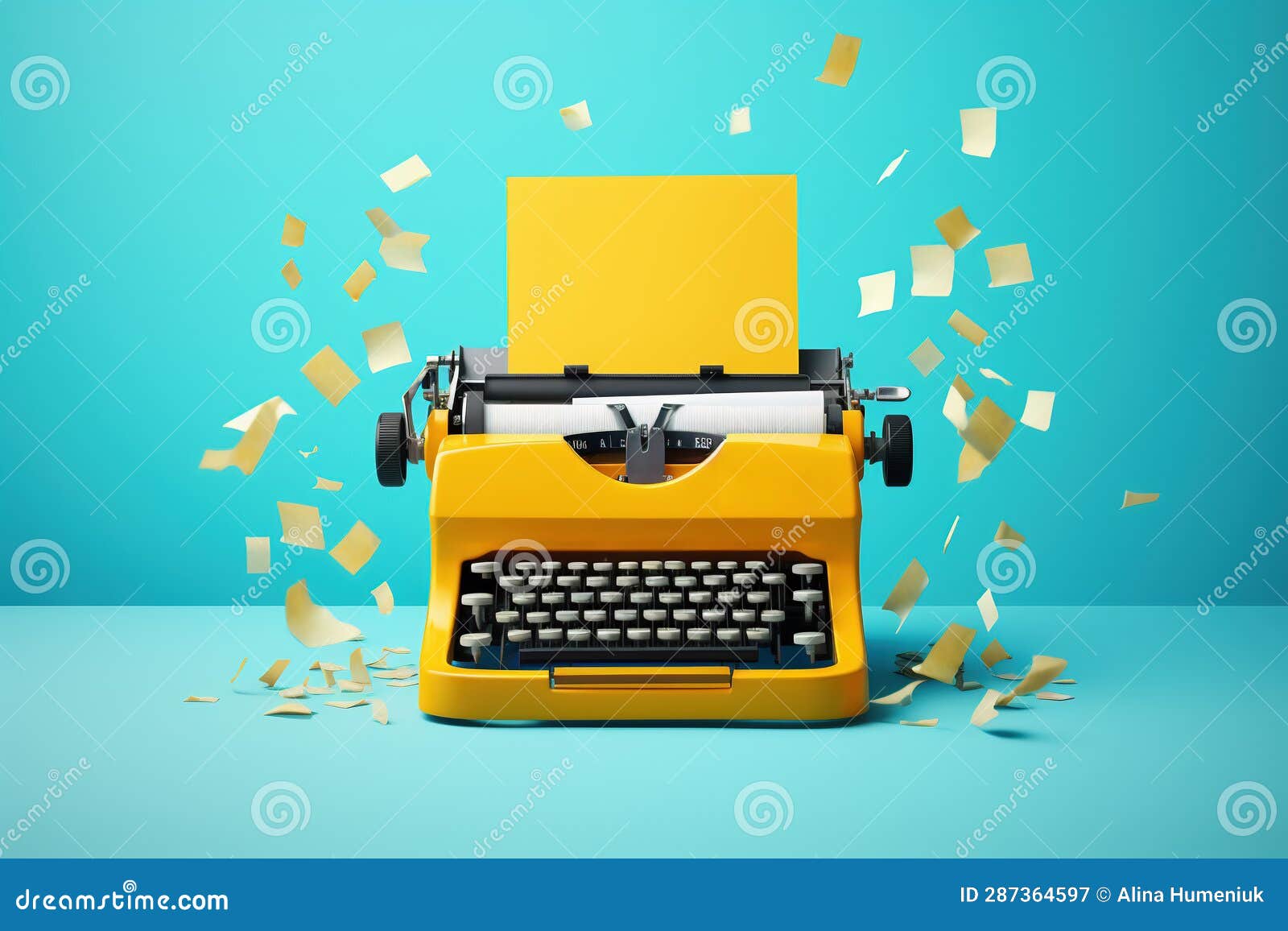 Yellow Typewriter with Flying Papers on a Blue Background. Inspiration ...