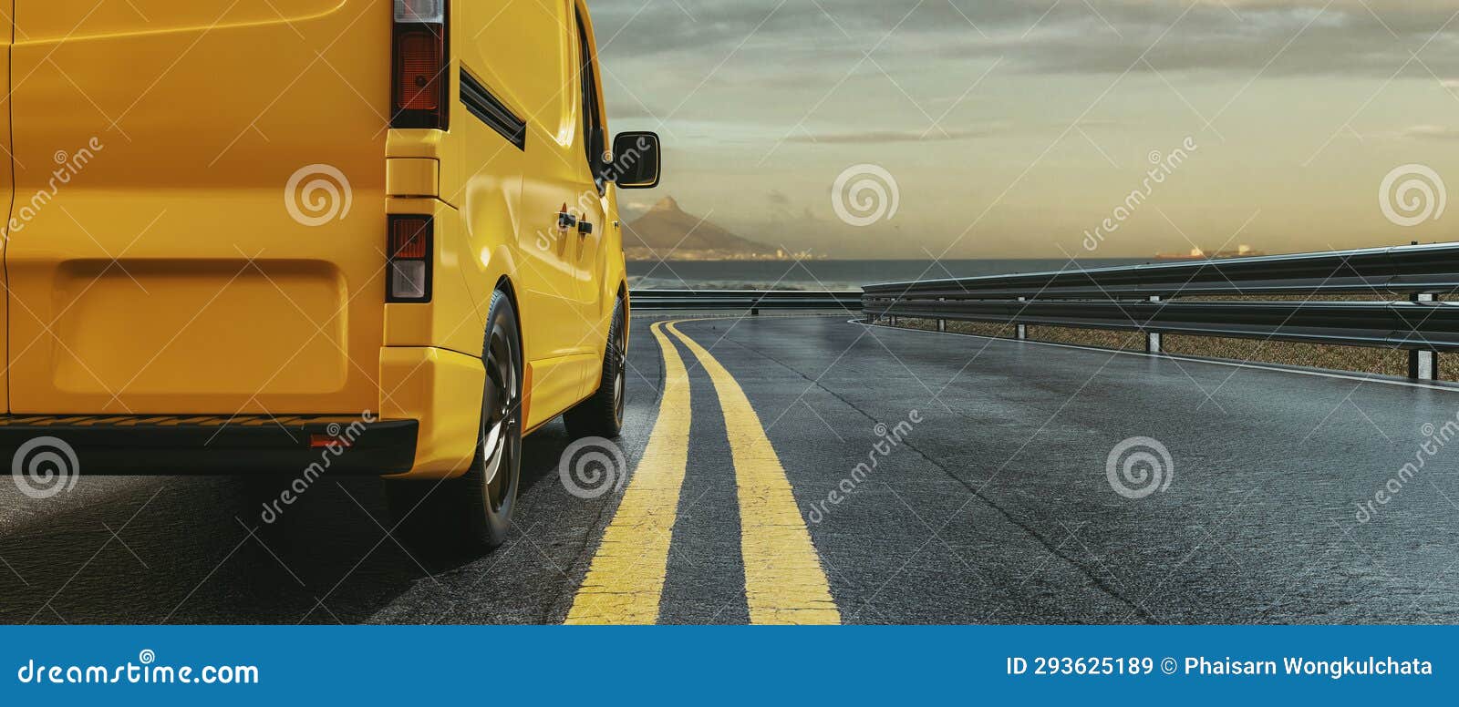 A Yellow Van is Driving Along the Coastal Highway Stock Illustration ...