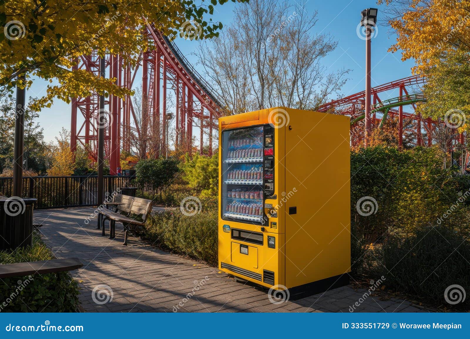 A Yellow Vending Machine is in Front of a Red Roller Coaster Stock ...