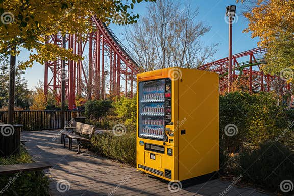A Yellow Vending Machine is in Front of a Red Roller Coaster Stock ...