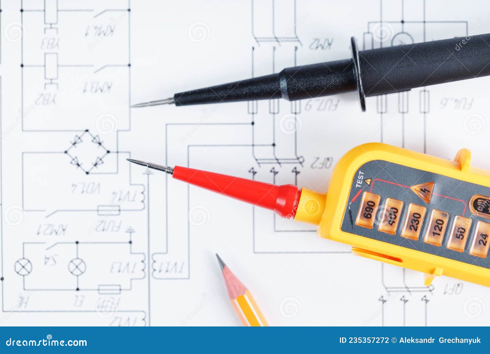 Yellow Voltage Indicator in Close-up on the Electrical Diagram Stock ...
