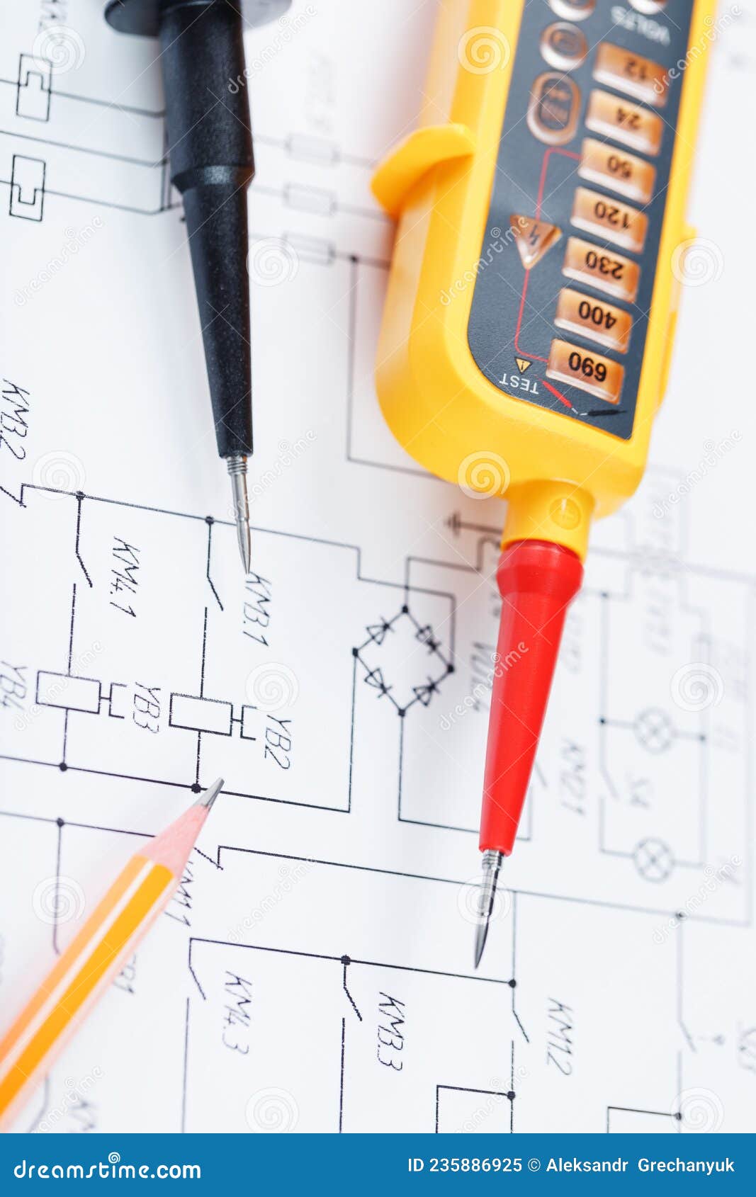Yellow Voltage Indicator in Close-up on the Electrical Diagram Stock ...