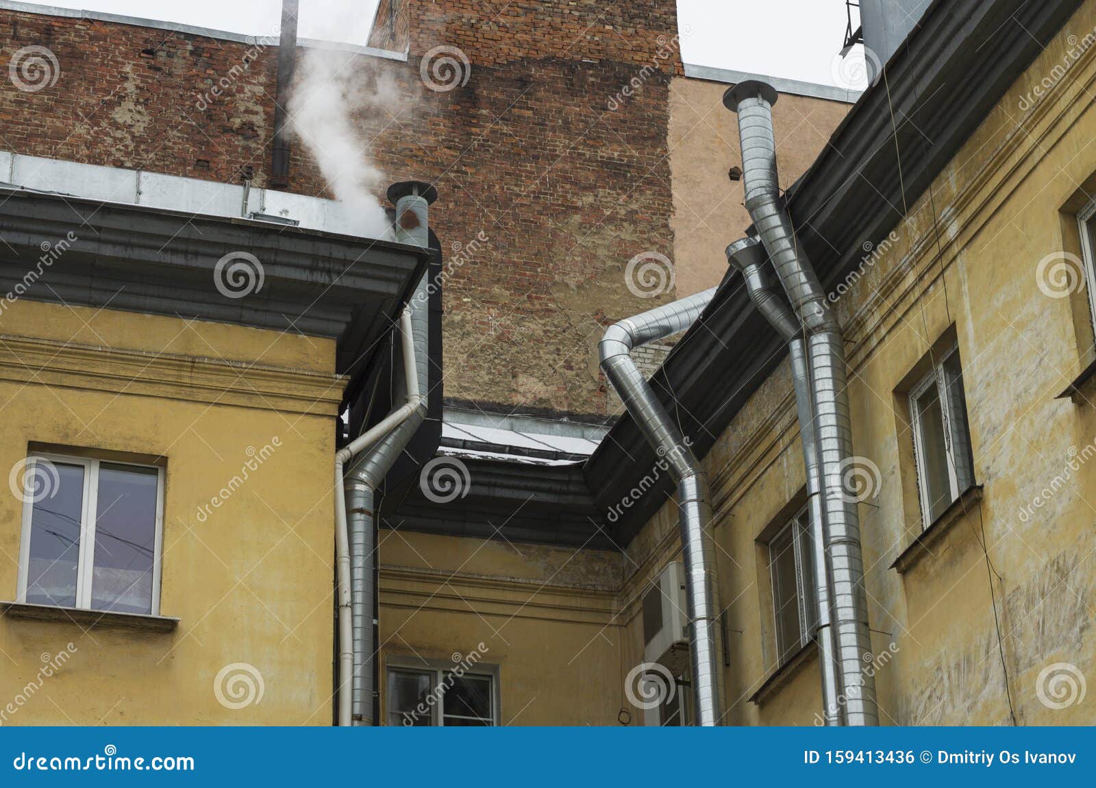 Wall of Old House with Silvery Pipes Ventilation System Stock Photo ...