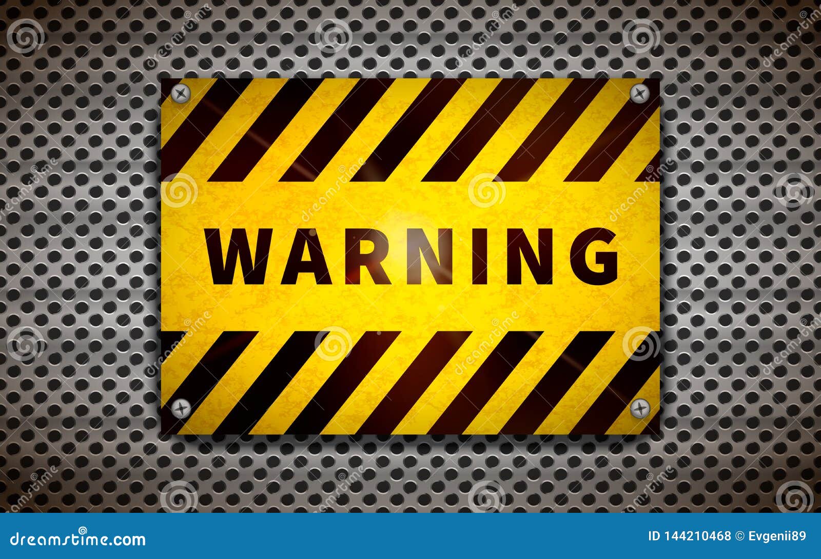 Yellow Warning Plate on Metallic Grid, Industrial Background Stock ...