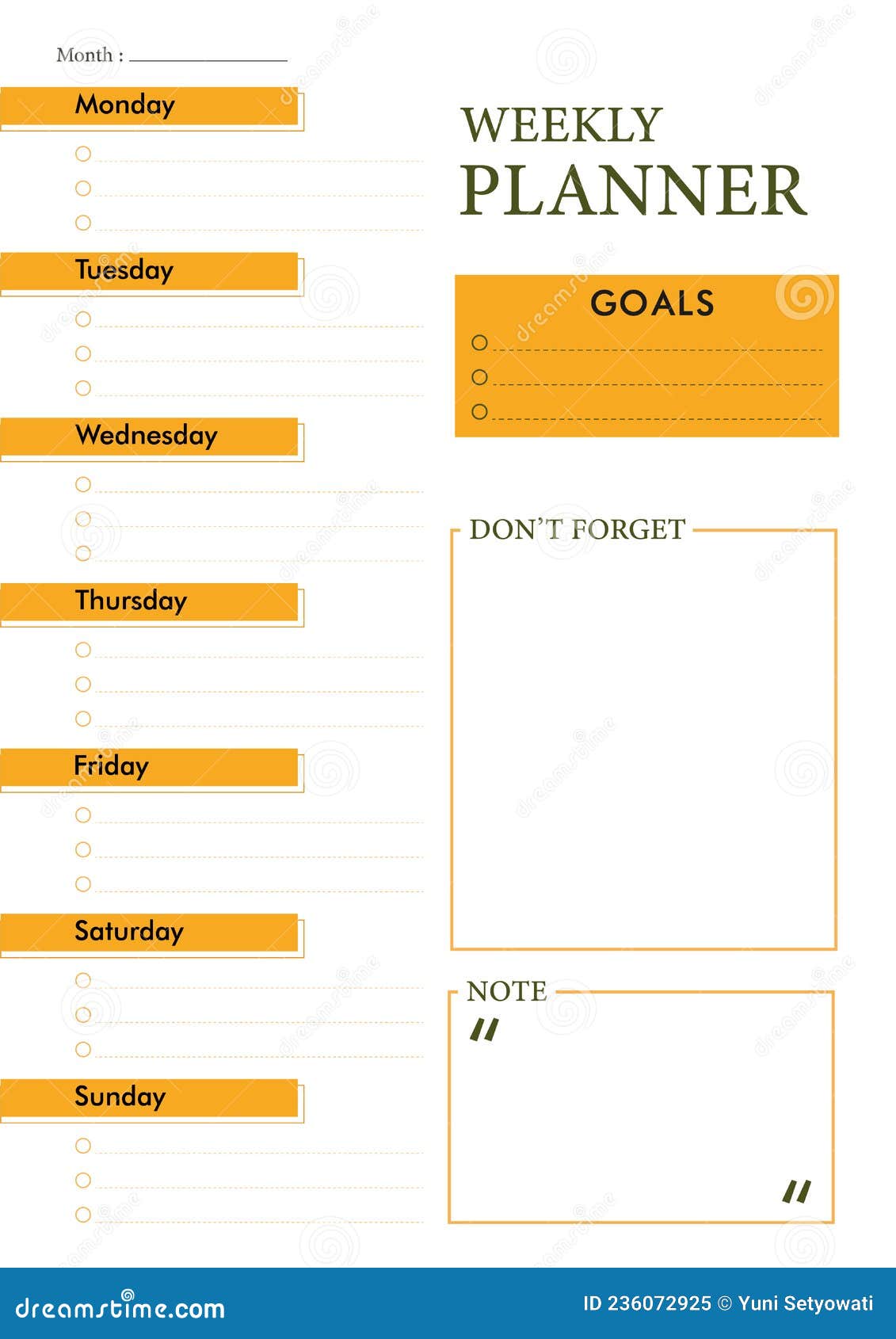 Yellow Weekly Planner Template for Bullet Journal Stock Vector ...