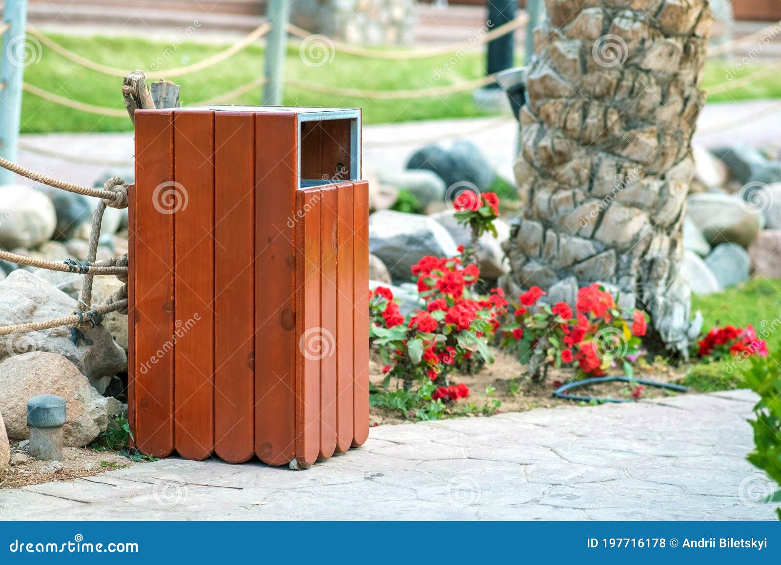 Yellow Wooden Trash Can Outdoors on the Side of Sidewalk in Park ...