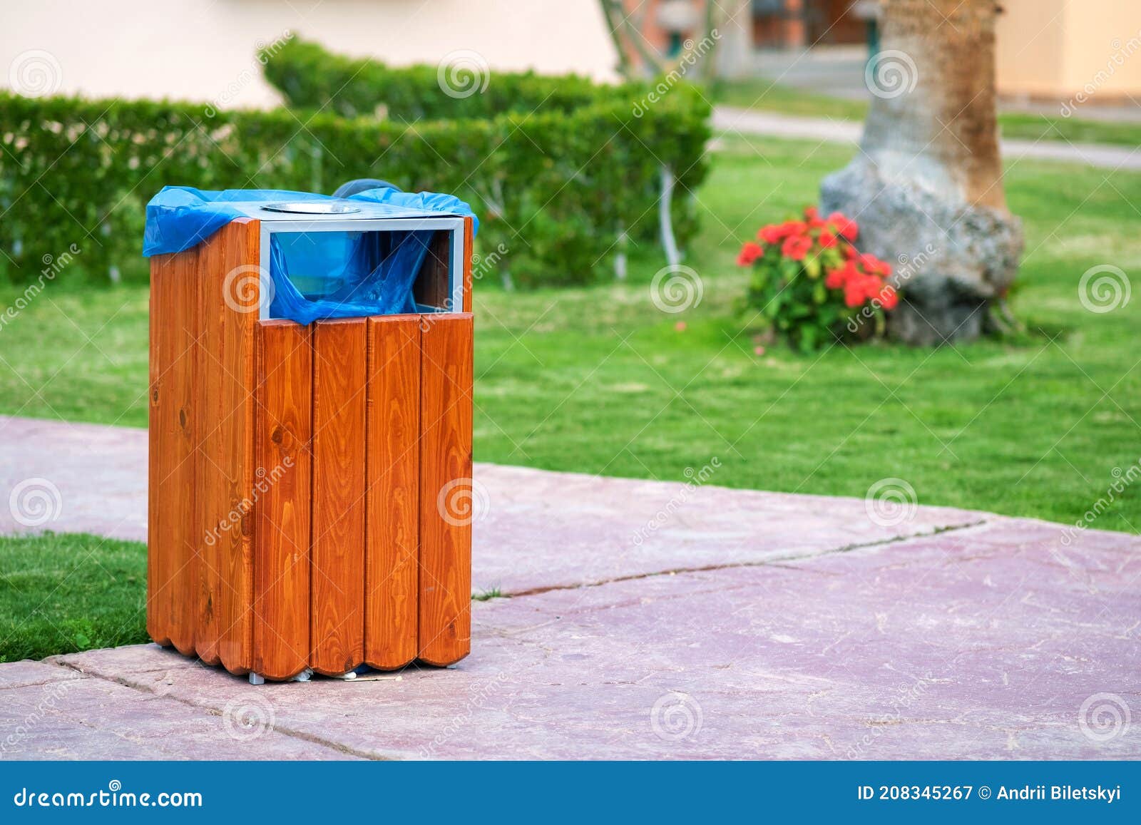 Yellow Wooden Trash Can Outdoors on the Side of Sidewalk in Park ...