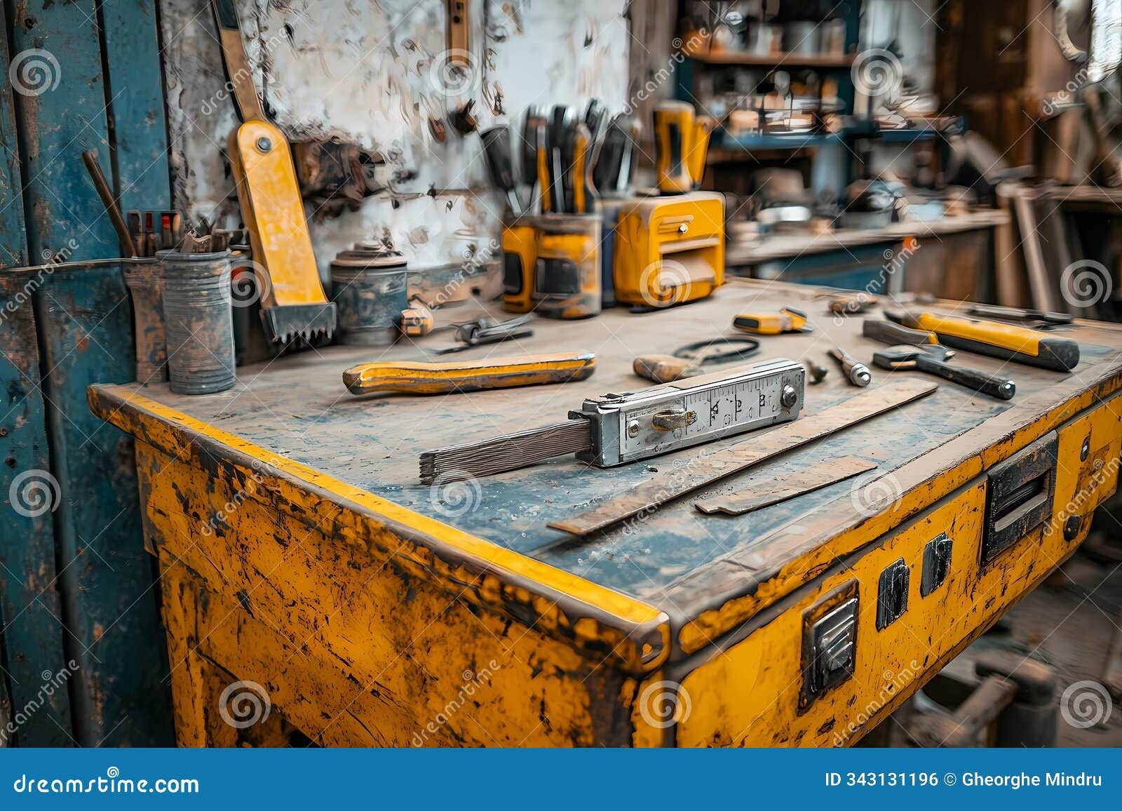 A Yellow Workbench with Tools in an Old Workshop, with a Vintage Look ...