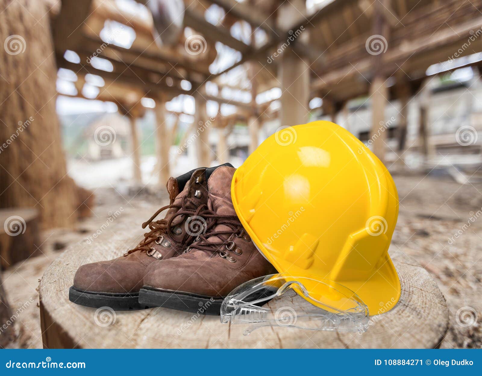 Yellow Working Hard Hat and Work Boots on Wooden Stock Image - Image of ...