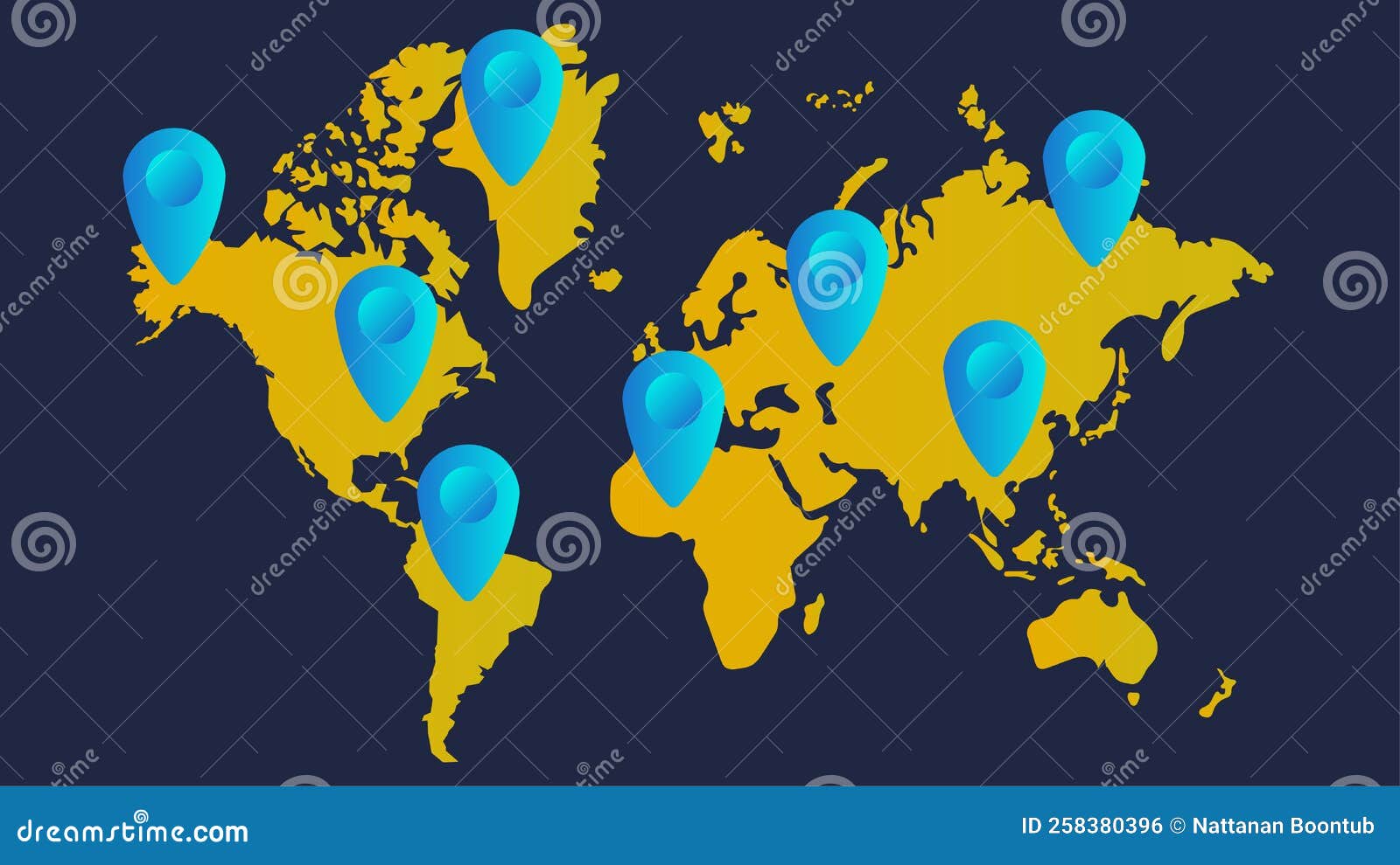 Yellow World Map and Blue Pin on Dark Blue Background. Vector Stock ...